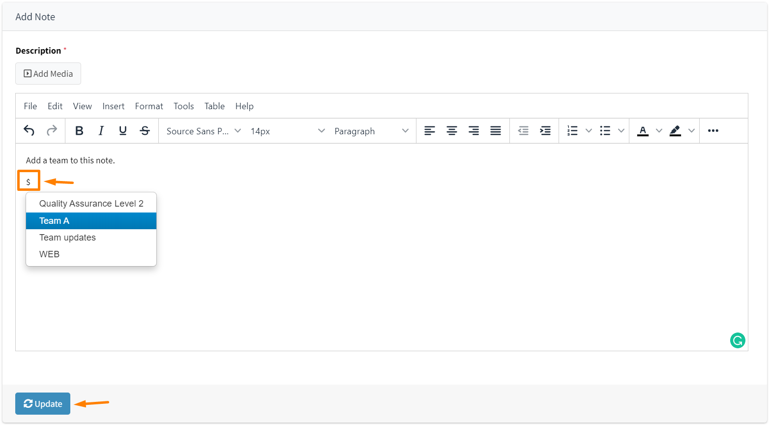 Adding a Department in an internal note: