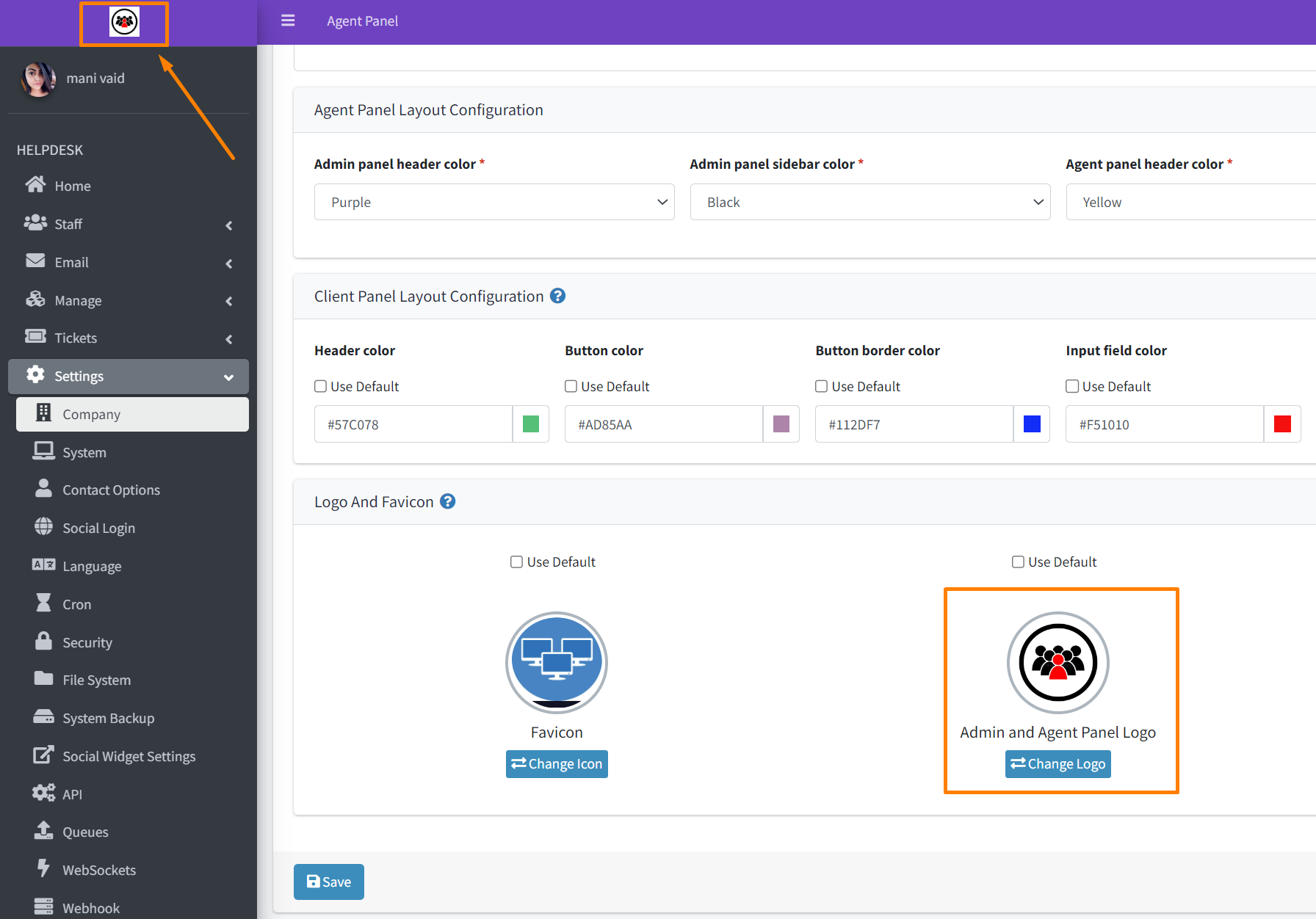 Admin and Agent Panel Logo: The administrator can change the logo shown ...