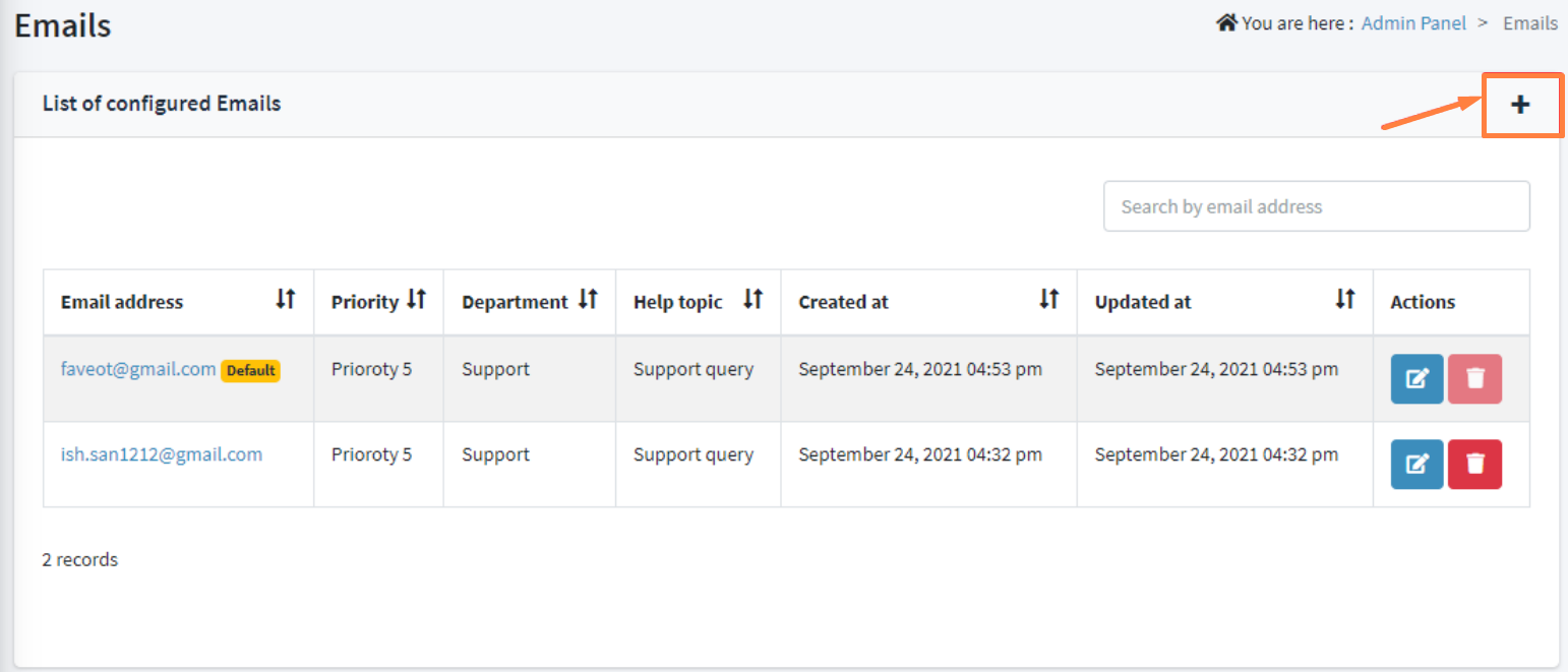 Click "Create Email" to configure a new support email.