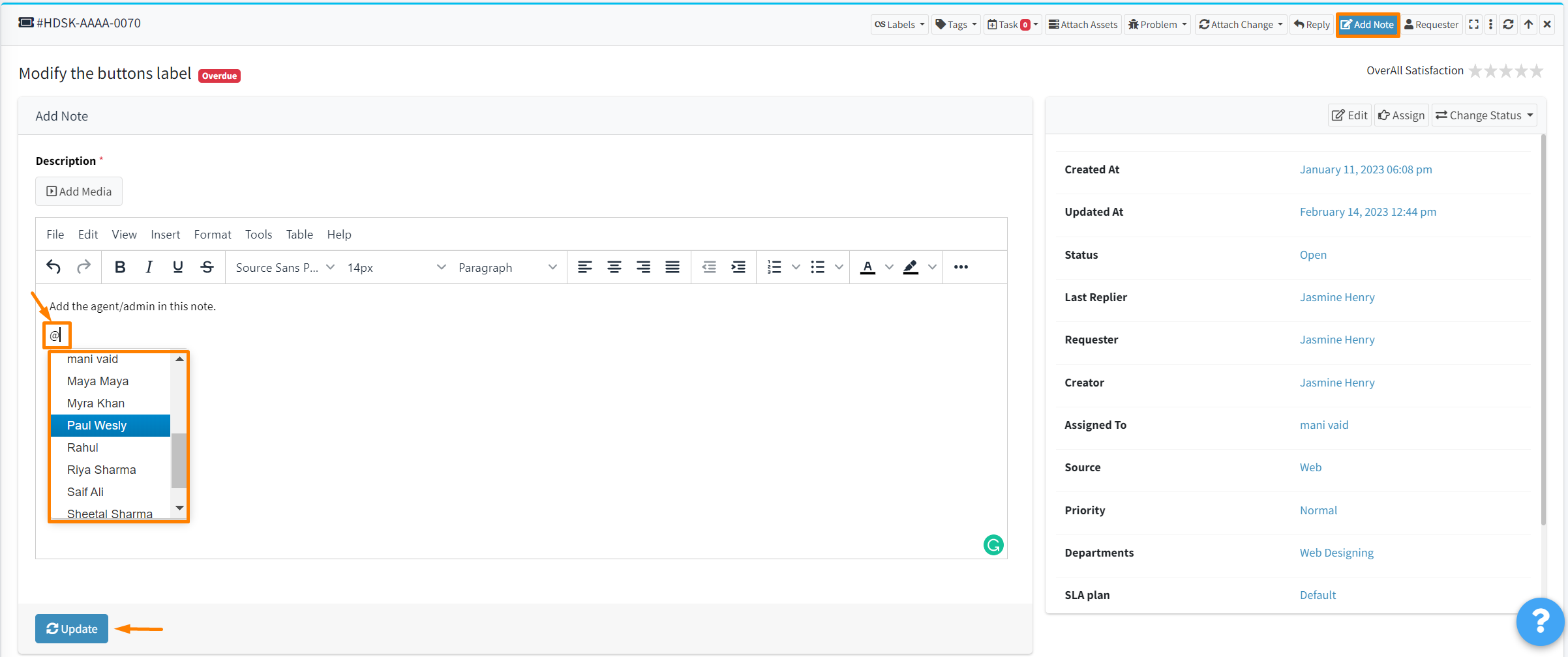 Adding a Team in an internal note: