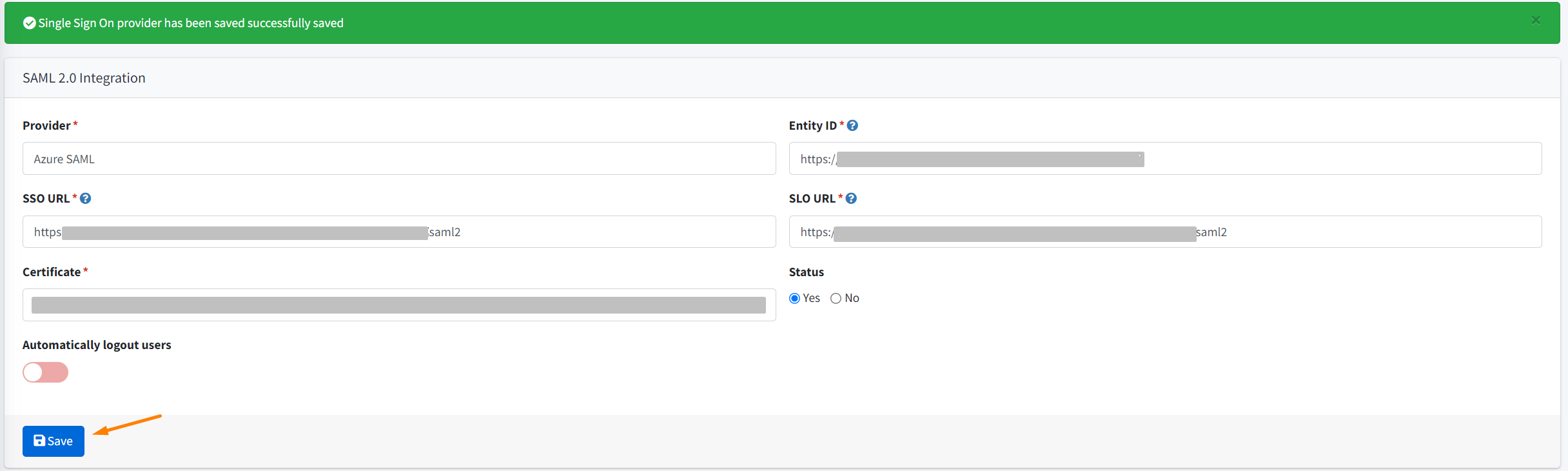You'll be redirected to the below page once it's been saved successfully. Now, copy the SP ...
