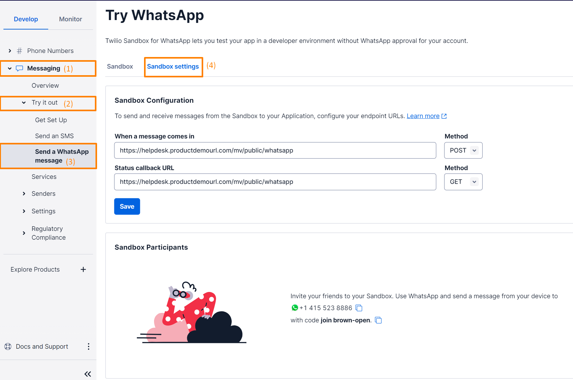 Navigate to the Twilio console > Messaging > Try it out > Send a ...