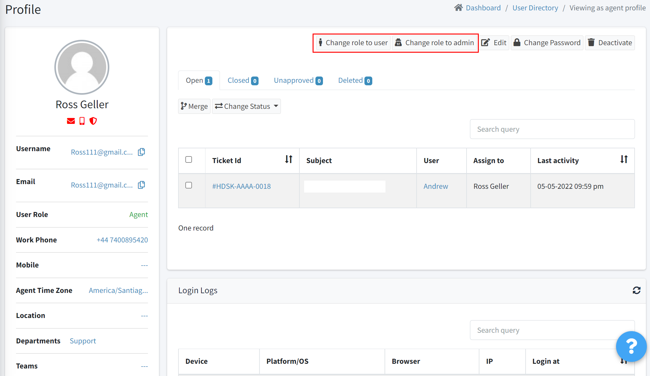 NOTE - You can also change an agent's role to admin/user.